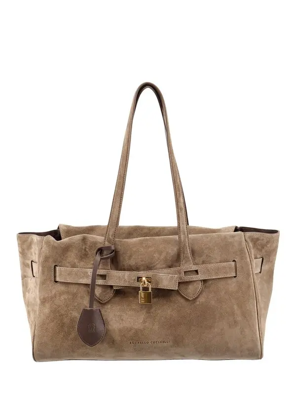 Brunello Cucinelli Suede Shoulder Bag With Logo Padlock Detail - Brown
