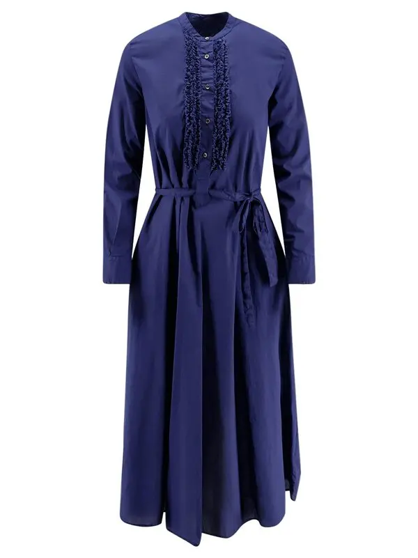 Aspesi Handcrafted Cotton Midi Dress With Ruffled Trim - Blue