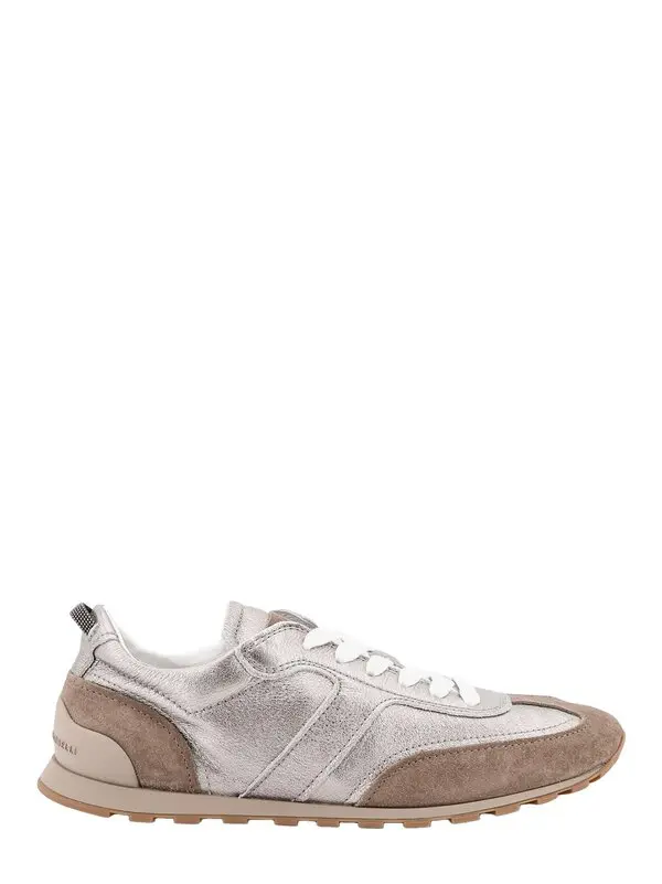 Brunello Cucinelli Laminated Leather And Suede Sneakers - Silver