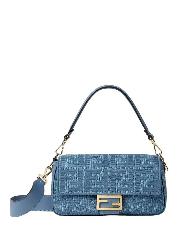 Fendi Baguette® Handbag In Raffia With All-over Ff Embroidery - Blue