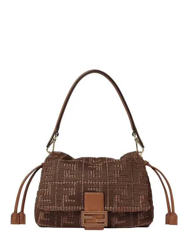 Fendi Mamma Baguette Medium Raffia Handbag With Ff Embroidery - Brown