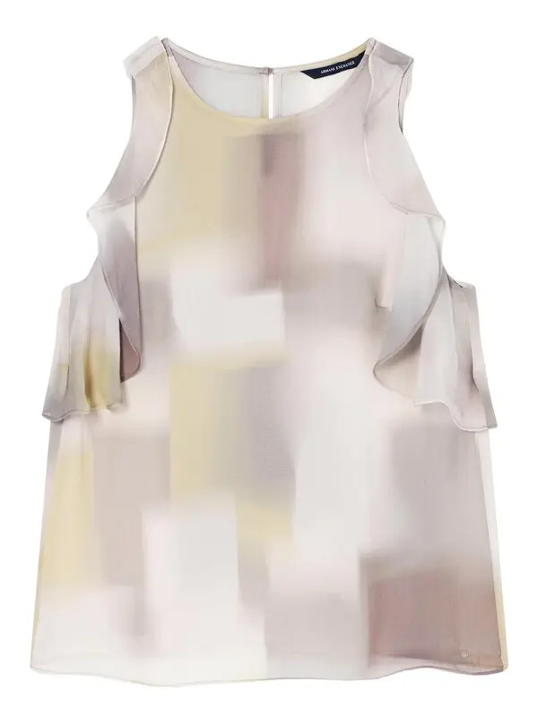 Armani Exchange Abstract Print Viscose Top With Ruffles - Beige