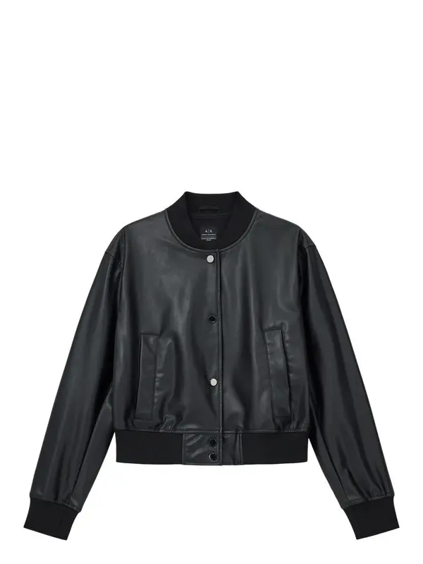 Armani Exchange Faux Leather Bomber Jacket With Ribbed Trims - Black