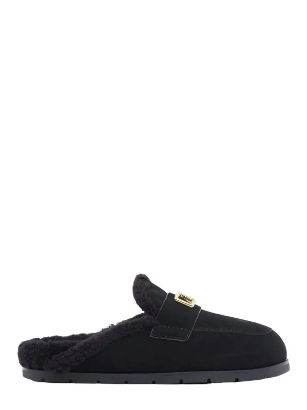 Armani Exchange Suede Clogs With Teddy Detail And Gold Tone Hardware - Black
