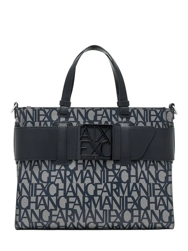 Armani Exchange Shopping Bag In Coated Cotton With Monogram - Black