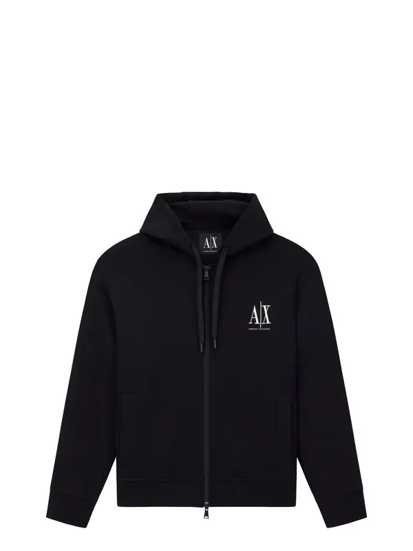 Armani Exchange Full-zip Hoodie In Bonded Stretch Cotton With Logo Icon - Black