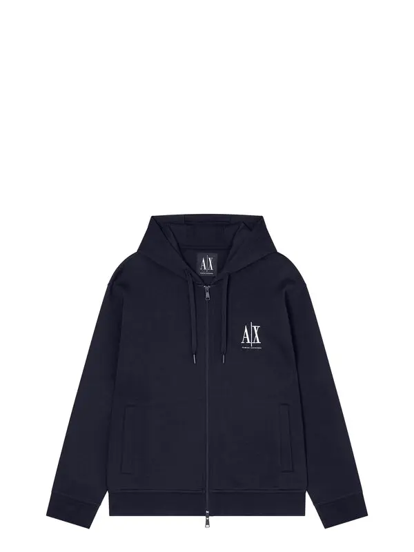 Armani Exchange Full-zip Hoodie In Bonded Stretch Cotton With Logo Icon - Navy Blue