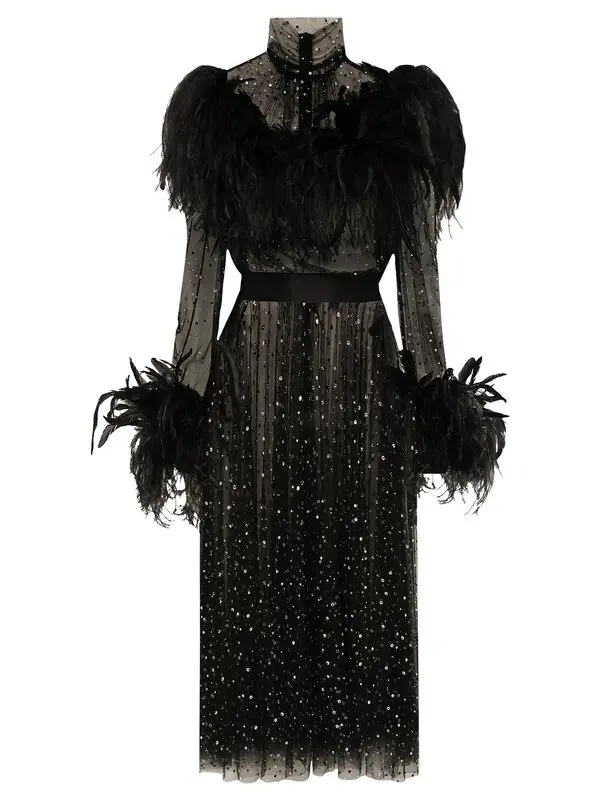 Dolce & Gabbana Calf-length Stretch Tulle Dress With Fusible Rhinestones And Rooster And Ostrich Feather Embellisht Dresses - Silver