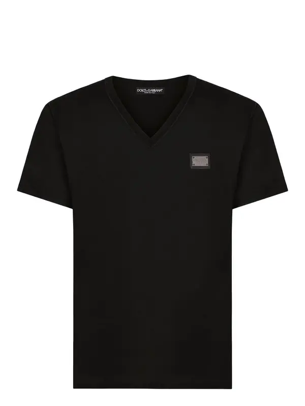Dolce & Gabbana Cotton V-neck T-shirt With Branded Tag T-shirts And Polos Cotton - Black