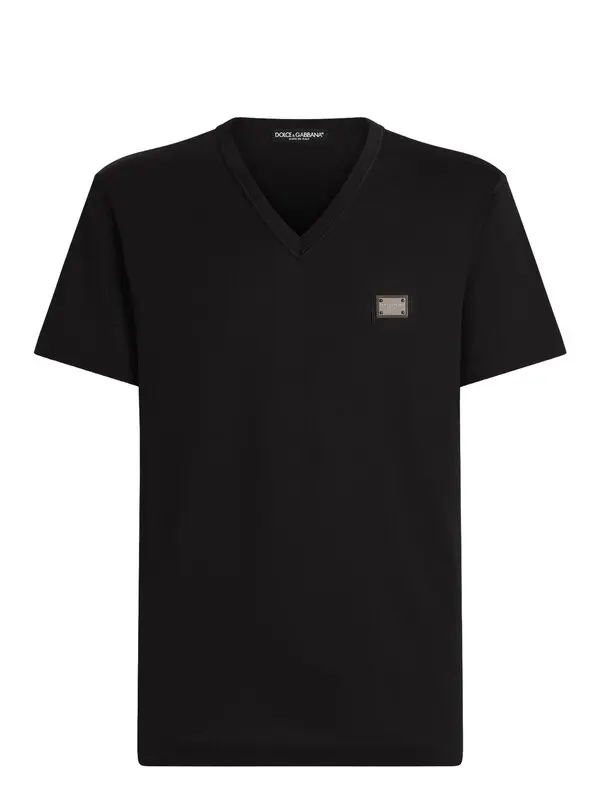 Dolce & Gabbana Cotton V-neck T-shirt With Branded Tag T-shirts And Polos Cotton - Blue