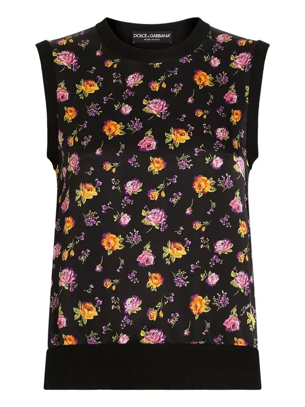 Dolce & Gabbana Small Rose Bouquets-print Silk Tank Top Sweaters And Cardigans - Multicolor