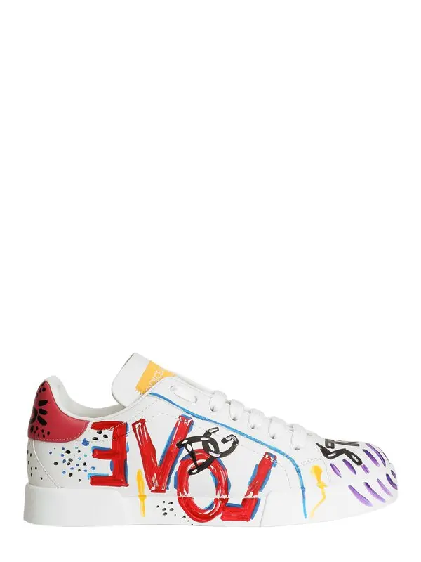 Dolce & Gabbana Calfskin Portofino Sneakers With Lettering Sneakers White Leather - Multicolor