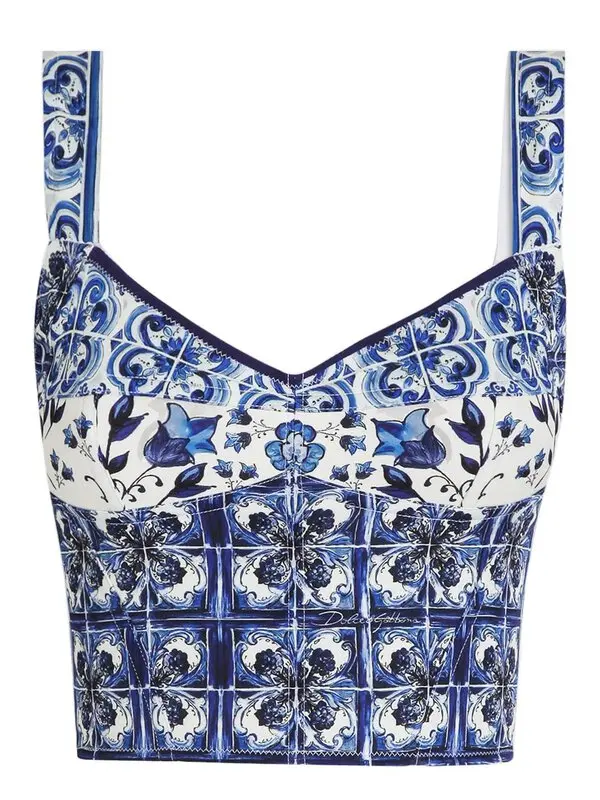 Dolce & Gabbana Majolica-print Charmeuse Corset Shirts And Tops Blue Silk - Multicolor