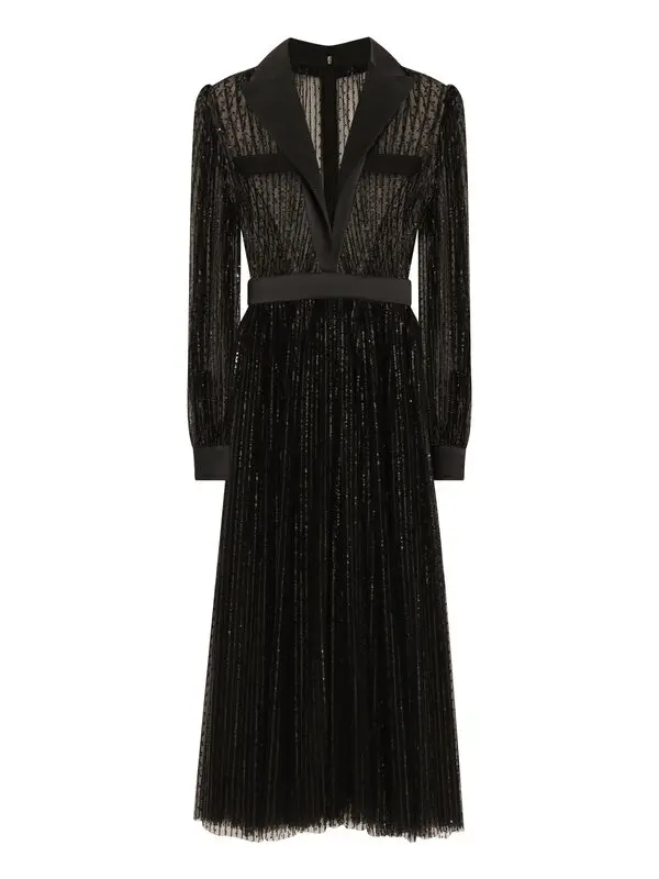 Dolce & Gabbana Calf-length Tulle Tuxedo Shirt Dress With Sequin Embellisht Dresses - Black