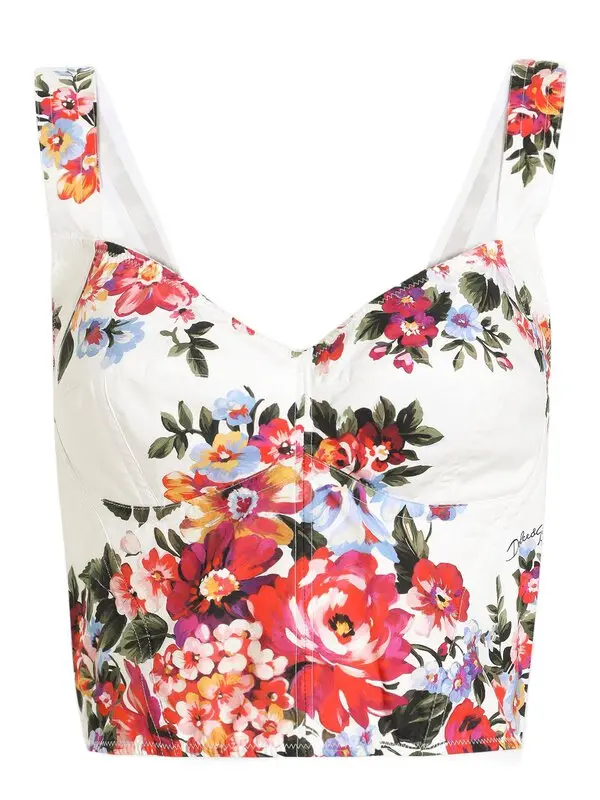 Dolce & Gabbana Flower Bouquet-print Cotton Bustier Top Shirts And Tops - Multicolor