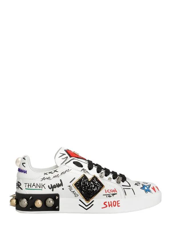 Dolce & Gabbana Printed Calfskin Portofino Sneakers With Patch Sneakers White Leather - Multicolor