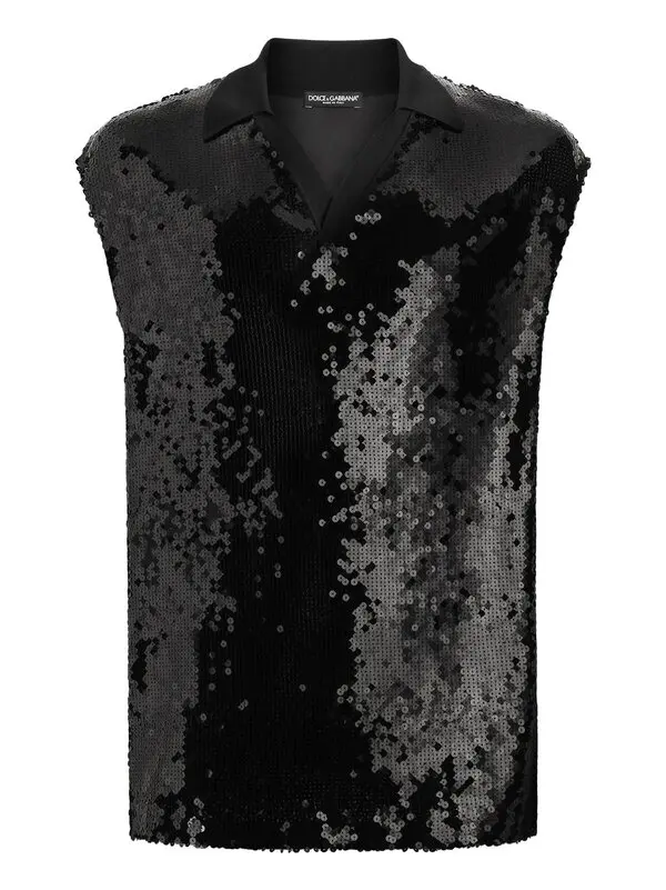 Dolce & Gabbana Sleeveless Polo With Sequins T-shirts And Polos Tulle - Black