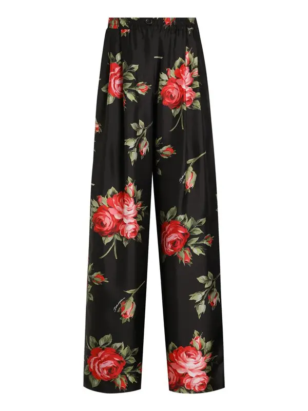 Dolce & Gabbana Rose Bouquet-print Wide Twill Trousers Pants And Shorts - Multicolor
