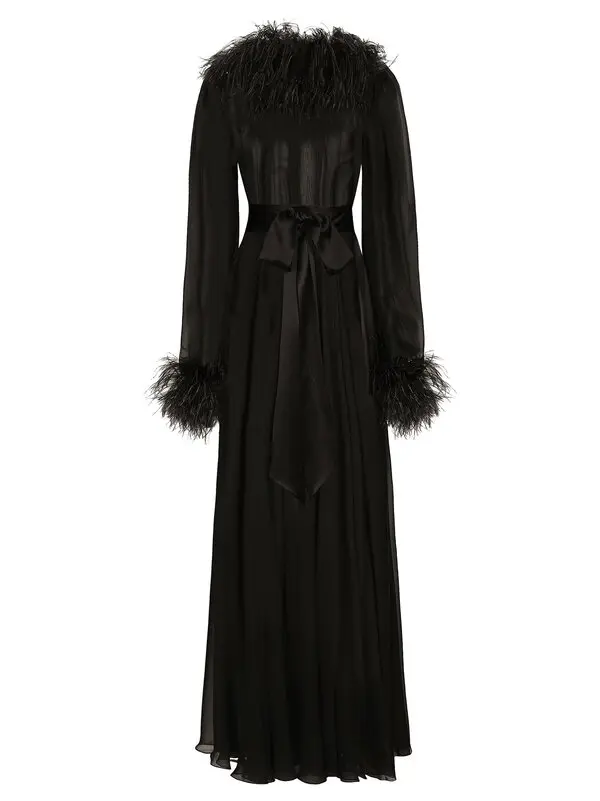 Dolce & Gabbana Long Silk Chiffon Dress With Ostrich Feather Details Dresses Silk - Black
