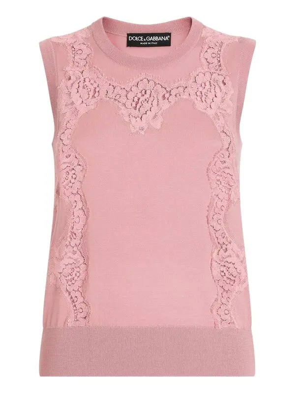 Dolce & Gabbana Wool Tank Top With Lace Inlay Sweaters And Cardigans - Pink