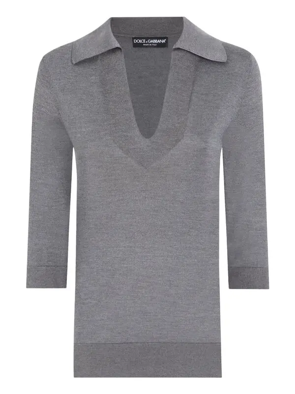 Dolce & Gabbana Silk V-neck Polo-shirt With Dg Logo Embroidery Sweaters And Cardigans - Grey