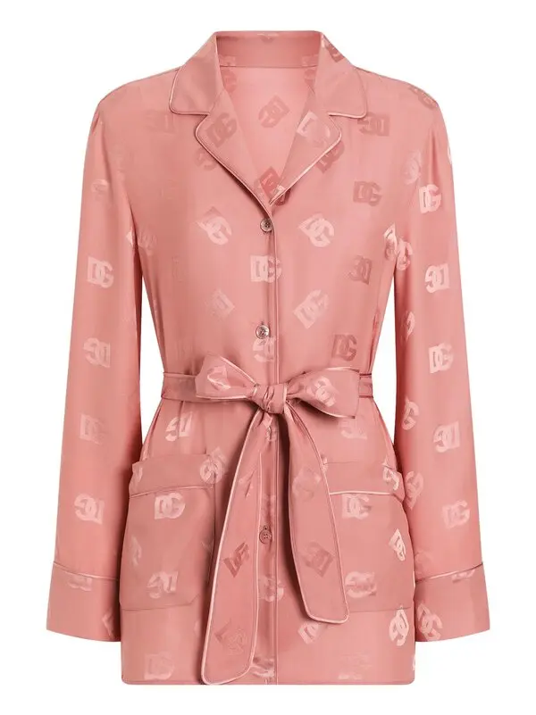 Dolce & Gabbana Long-sleeved Silk Jacquard Pajama Shirt With Dg Logo Shirts And Tops - Pink