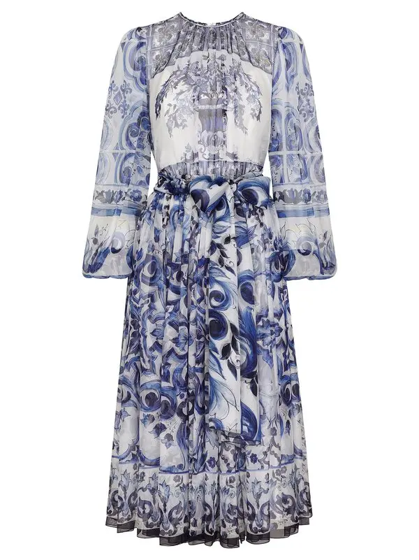 Dolce & Gabbana Majolica Print Chiffon Midi Dress Dresses Blue Silk - Multicolor