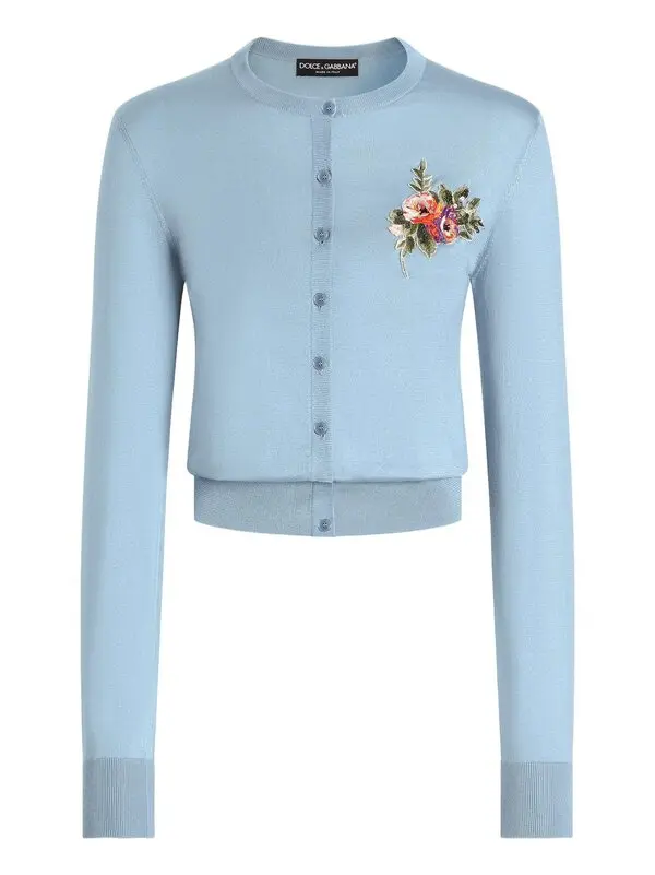 Dolce & Gabbana Silk Button-front Cardigan With Floral Embellishment - Azure