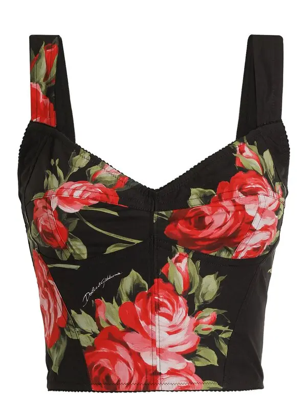 Dolce & Gabbana Rose Bouquet-print Cotton Bustier Top Shirts And Tops - Multicolor