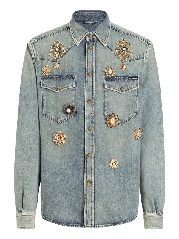 Dolce & Gabbana Denim Shirt With Bejeweled Appliqués Denim Multi-colored - Multicolor