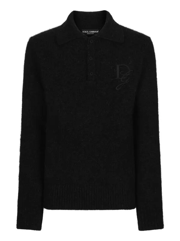 Dolce & Gabbana Long-sleeved Wool Polo-shirt With Embroidered Logo Sweaters And Cardigans Gray - Grey