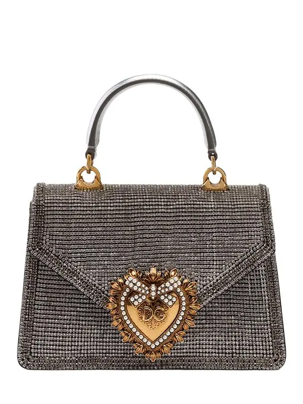 Dolce & Gabbana Small Devotion Bag In Mordore Nappa Leather With Rhinestone Detailing Handbags - Silver