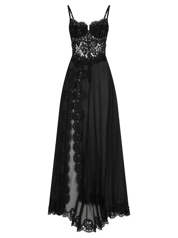 Dolce & Gabbana Long Silk Chiffon And Chantilly Lace Slip Dress Dresses Silk - Black