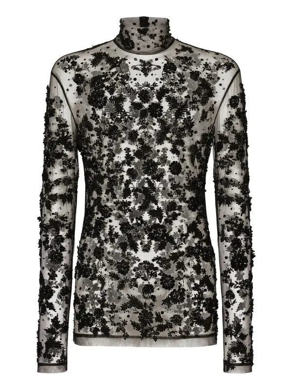 Dolce & Gabbana High-necked Tulle T-shirt With Sequined Details T-shirts And Polos Tulle - Black