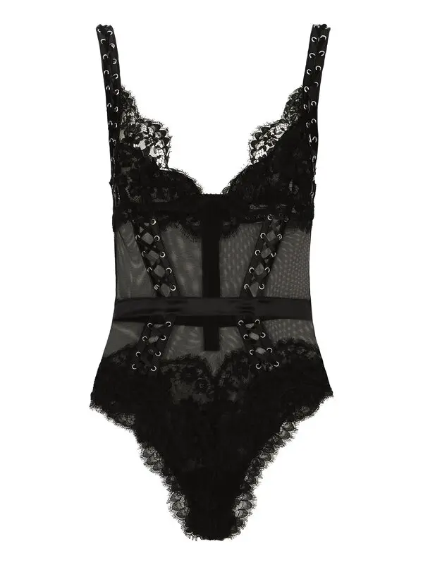 Dolce & Gabbana Lace And Tulle Bodysuit With Lacing And Eyelets Shirts And Tops Fabric - Black