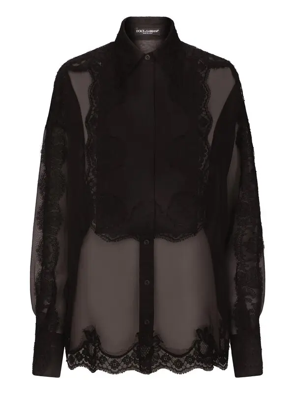 Dolce & Gabbana Organza Tuxedo Shirt With Lace Inserts Shirts And Tops - Black