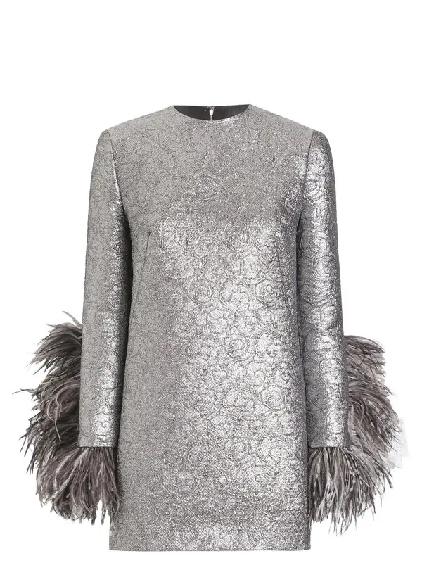 Dolce & Gabbana Quilted Lamé Jacquard Sack Minidress With Feathered Cuffs Dresses - Silver
