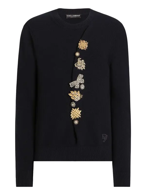 Dolce & Gabbana Wool Round-neck Sweater With Bejeweled Buttons Sweaters And Cardigans - Blue