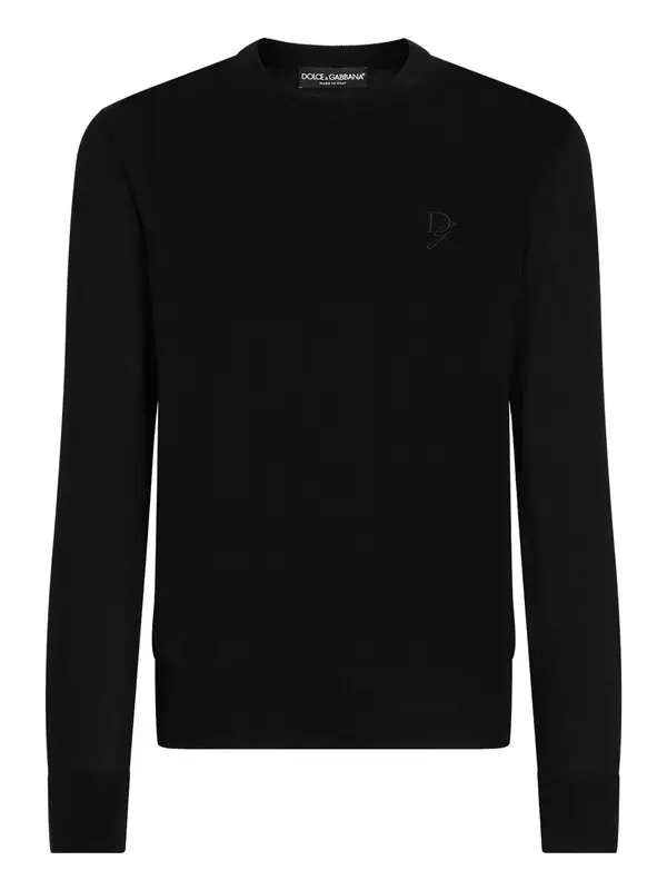 Dolce & Gabbana Silk Round-neck Sweater With Dg Embroidery Sweaters And Cardigans - Black
