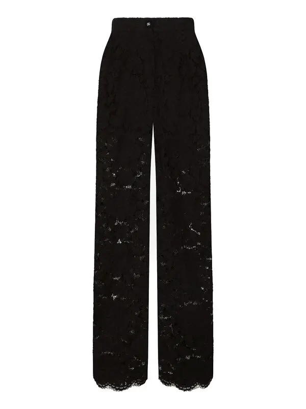 Dolce & Gabbana Flared Floral Cordonetto Lace Pants With Dg Logo Pants And Shorts - Black