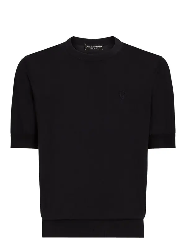 Dolce & Gabbana Silk Round-neck Sweater With Dg Embroidery - Blue