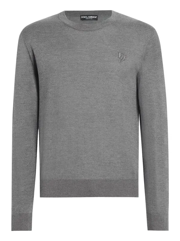 Dolce & Gabbana Silk Round-neck Sweater With Dg Embroidery - Grey