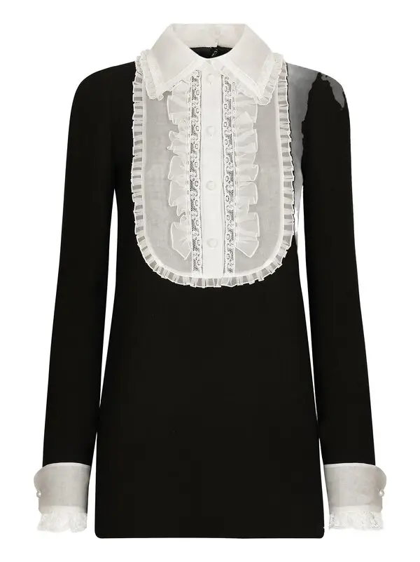 Dolce & Gabbana Wool Crepe Dress With Organza Shirt Front - Black