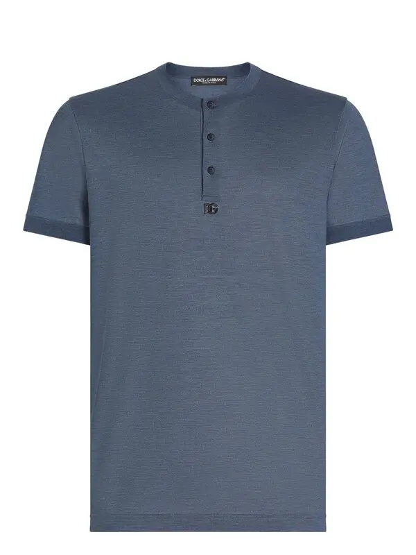 Dolce & Gabbana Silk Grandad-neck T-shirt With Embroidery T-shirts And Polos - Grey