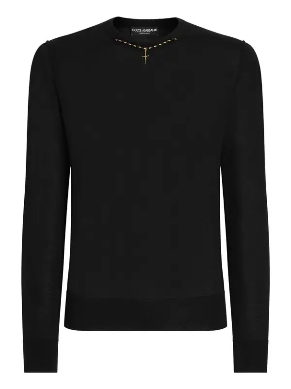 Dolce & Gabbana Round Neck Bejeweled Detail Sweater - Black