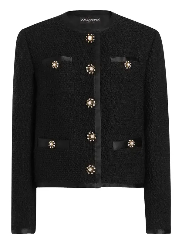 Dolce & Gabbana Cropped Single-breasted Bouclé Tweed Jacket With Bejeweled Buttons Blazers - Black