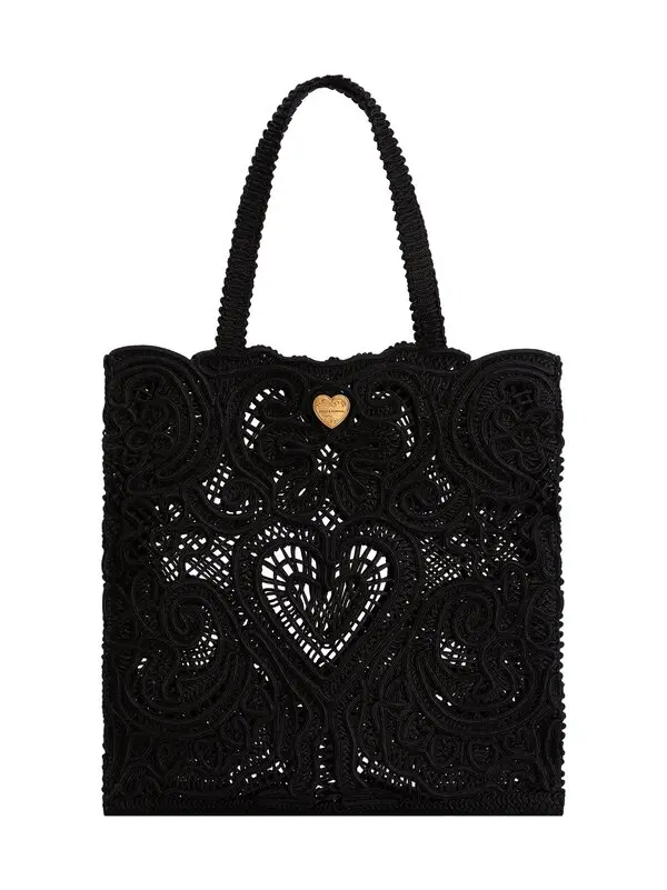 Dolce & Gabbana Medium Cordonetto Lace Beatrice Shopper Tote Bags Cotton - Black