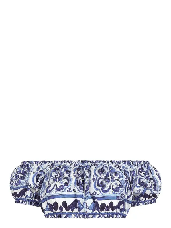Dolce & Gabbana Cotton Poplin Crop Top With Majolica Print Shirts And Tops Blue Cotton - Multicolor