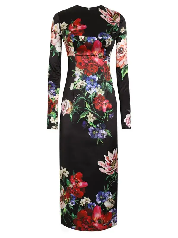 Dolce & Gabbana Satin Calf-length Round-neck Dress With Floral Dresses - Print