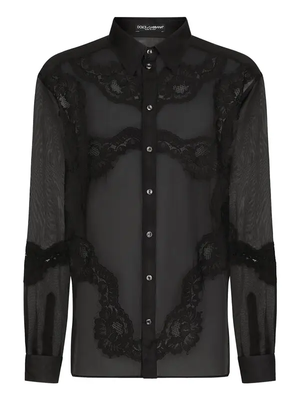 Dolce & Gabbana Oversize Organza Shirt With Lace Inserts Shirts - Black
